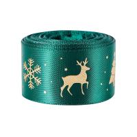 China 25mm Green Satin Ribbon with Christmas Tree Deer and Snowflake Gold Print 100 Yards Roll for sale
