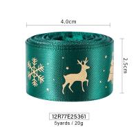 China 25mm Green Satin Ribbon with Christmas Tree Deer and Snowflake Gold Print 100 Yards Roll for sale