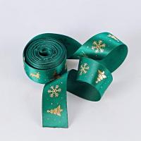 China 25mm Green Satin Ribbon with Christmas Tree Deer and Snowflake Gold Print 100 Yards Roll for sale