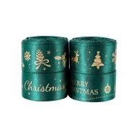 China 25mm Green Satin Ribbon with Christmas Tree Deer and Snowflake Gold Print 100 Yards Roll for sale