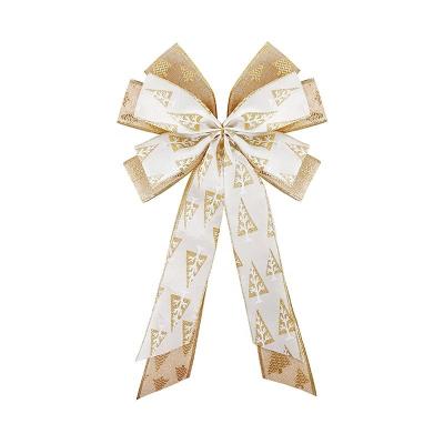 China MSD Ribbon Pretied Wire Edge with Golden and White Christmas Tree Design 28cm x 52cm for sale