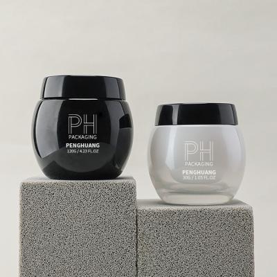 China Round Glass Cream Jar Black 30g 50g 120g Facial Cream Container With Cap for sale