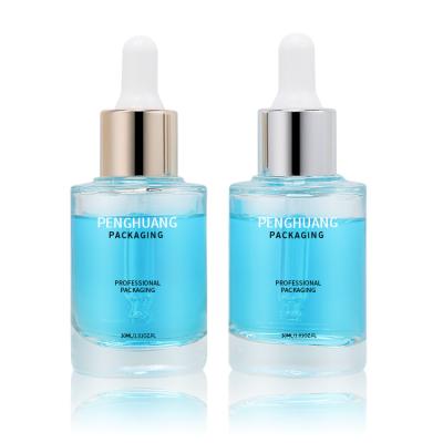 China Round Massage Oil Glass Dropper Bottle Serum Pipette 30ml Clear Glass Face Skincare Bottle for sale