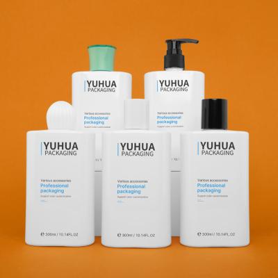 China 250ml 300ml Plastic Shampoo Bottle PET Flat Shoulder Square Bottle Press Lotion Pump for sale
