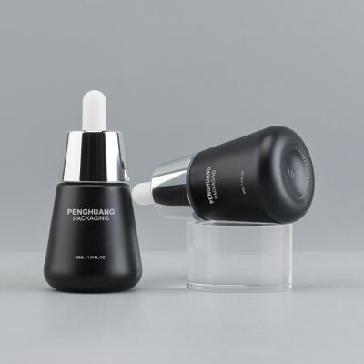 China Frosted Black Glass Oil Serum Dropper Bottles Logo Customized 30ml for sale