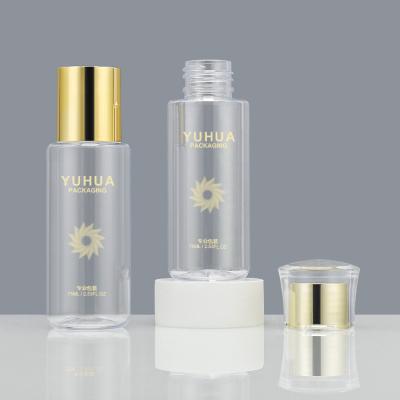 China MSDS 75ml Round Base Pet Cosmetic Bottle With Electroplate Gold Cap for sale