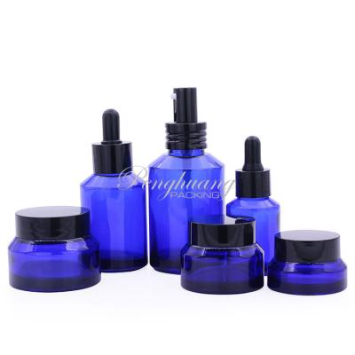 China 15ml - 200ml Cobalt Blue Glass Bottle 15g 30g 50g Glass Cream Jar for sale