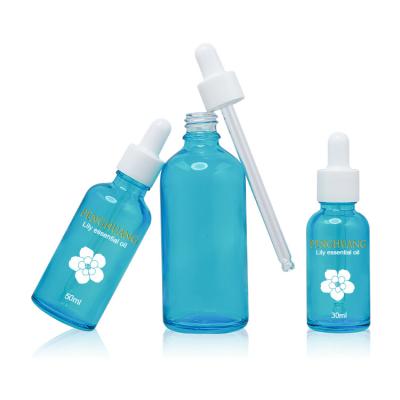 China 50ml Oil Dropper Glass Bottle Painting Blue Cosmetic Container for sale