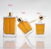 China Flat Square Serum Glass Dropper Bottles 30ml 50ml 100ml With Black Gold Collar for sale