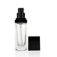 China Clear Logo Print Foundation Glass Bottle Square Shaped 30ml With Lotion Pump for sale