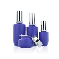 China Cosmetic 45ml Blue Glass Lotion Bottle Skin Care Cream Jar Makeup Set for sale