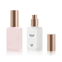 China Custom pink 35ml glass foundation bottle wholesale gold lotion pump square skin care packaging glass cosmetic foundation for sale