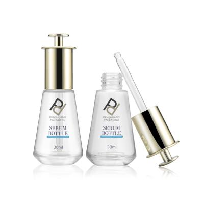 China 30ml Glass Serum Press Dropper Bottles Conical Flask Hot Stamping for sale