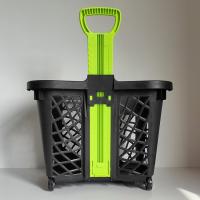 China 43L Capacity Supermarket Telescopic Handle Plastic Shopping Baskets With Wheels for sale
