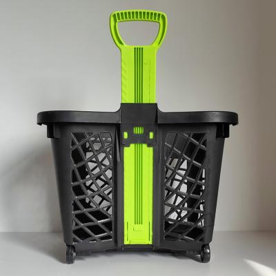 China Large Capacity Supermarket Telescopic Handle Plastic Shopping Baskets With 4 Wheels for sale