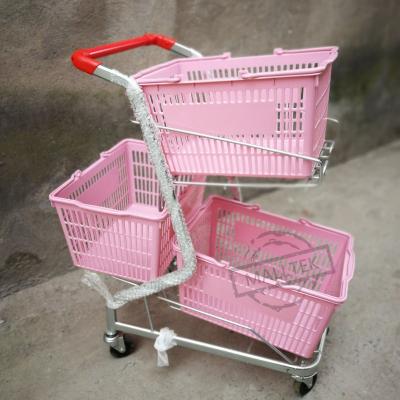 China Colorful Three Basket Supermarket Shopping Trolley For Grocery 100KG Loading for sale