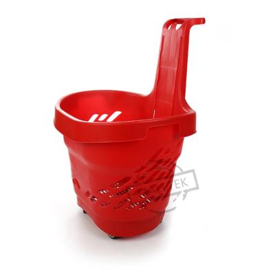 China Large Volume Red Plastic Supermarket Shopping Basket Long Handles for sale