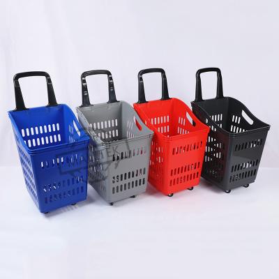 China Cheaper Price Capacity Plastic Supermarket Shopping Basket With Handle And 2 Wheels for sale