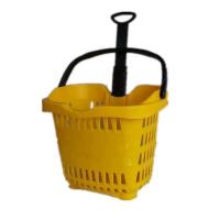 China Custom Logo Supermarket Red Plastic Shopping Basket With Two Wheels T Handle for sale