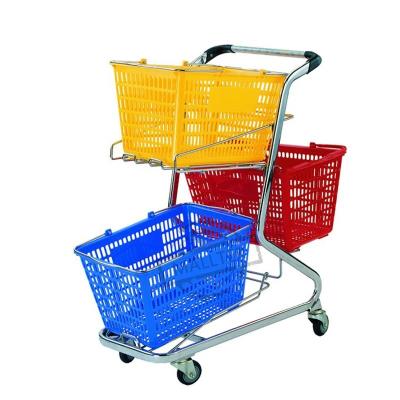 China Three Baskets Factory Wholesale Cheap Price Market Shopping Double Layers Hand Basket Trolley Cart  Customized for sale
