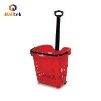China Red Telescopic Handle Plastic Rolling Basket With Two Wheels For Convenience Store for sale
