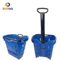 China Red Telescopic Handle Plastic Rolling Basket With Two Wheels For Convenience Store for sale