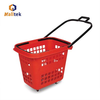 China Durable Popular Handle Rolling Shopping Baskets With PU Wheels For Supermarket for sale