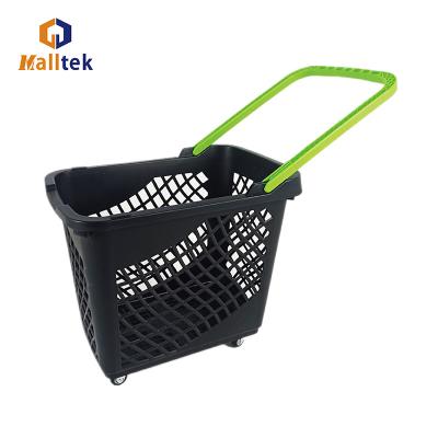 China Large Capacity Supermarket Handle Plastic Shopping Baskets With 4 Wheels In Black for sale