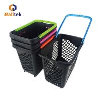 China Large Capacity Supermarket Handle Plastic Shopping Baskets With 4 Wheels for sale