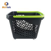 China Large Capacity Supermarket Handle Plastic Shopping Baskets With 4 Wheels for sale