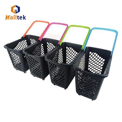 China Large Capacity Supermarket Handle Plastic Shopping Baskets With 4 Wheels for sale