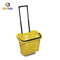 China Convenience Store Plastic Rolling Basket With Two Wheels And Design Telescopic Handle In Aluminium for sale