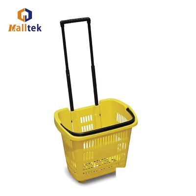 China Convenience Store Plastic Rolling Basket With Two Wheels And Design Telescopic Handle In Aluminium for sale