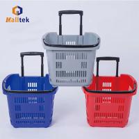 China Convenience Store Plastic Rolling Basket With Two Wheels And Design Telescopic Handle In Aluminium for sale