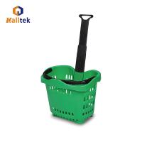 China Green Supermarket Shopping Basket With Telescopic Aluminium Handle for sale