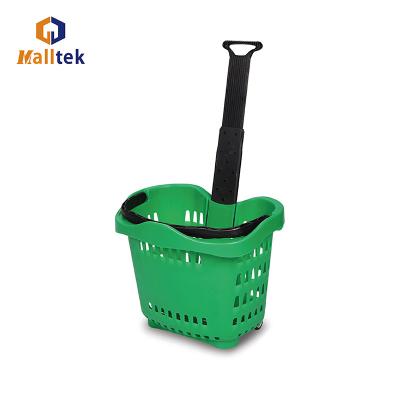 China Green Supermarket Shopping Basket With Telescopic Aluminium Handle for sale