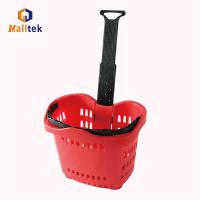 China Green Supermarket Shopping Basket With Telescopic Aluminium Handle for sale
