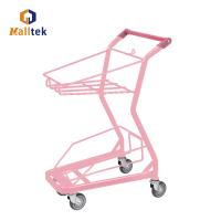 China Pink Metal Supermarket Shopping Trolley With Two Baskets For Retail Grocery Store for sale