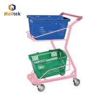 China Pink Metal Supermarket Shopping Trolley With Two Baskets For Retail Grocery Store for sale