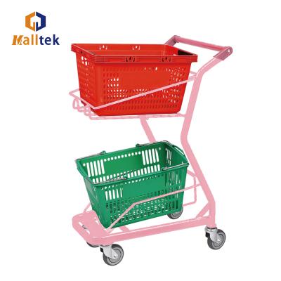 China Pink Metal Supermarket Shopping Trolley With Two Baskets For Retail Grocery Store for sale