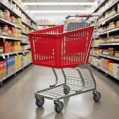 China Red Plastic Supermarket Shopping Trolley Featuring 4inch Castor Non Foldable Perfect for Retail Grocery Transport and Handling for sale
