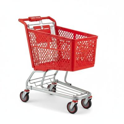 China Red Plastic Supermarket Shopping Trolley 240L Volume Equipped with Robust PVC PU TPR Wheels Enhancing Mobility in Retail for sale