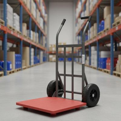 China PU Wheel Material Hand Truck Trolley Red Plastic Color Heavy Duty Steel Frame Industrial Grade Moving Cart for Warehouse for sale