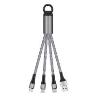 China 2.4A USB Charger Cable 14cm Fast Charging Nylon Braided 3 in 1 Keychain Data Cable for sale