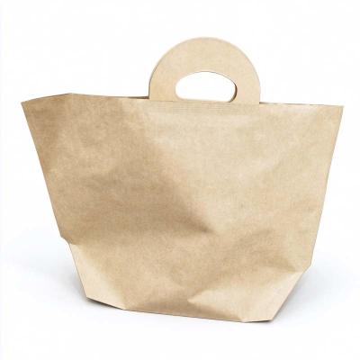 China Custom Print PE Coated Kraft Bag With D Cut Patch Die Handle Greaseproof Food Takeaway Retail Packaging for sale