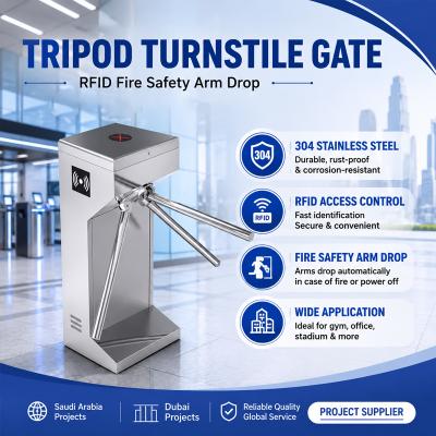 China 304 Stainless Tripod Turnstile Gate RFID Fire Safety Arm Drop for Gym Office Stadium Saudi Arabia Dubai Project Supplier for sale