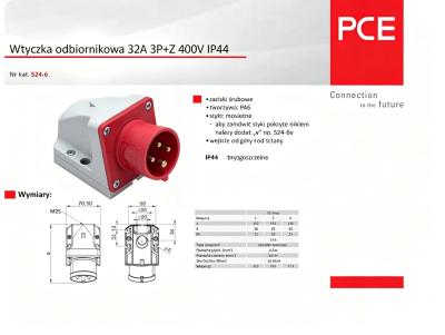 China PCE Reverse Fixed Industrial Waterproof Plastic Plug with Socket 380V-32A-IP44-Typ524 for sale