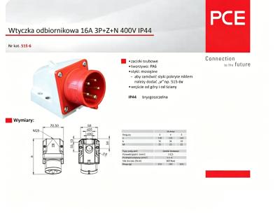 China PCE Reverse Fixed Industrial Waterproof Plug, Cutter Socket, 380V-16A-5 Core-IP44- Typ515 for sale