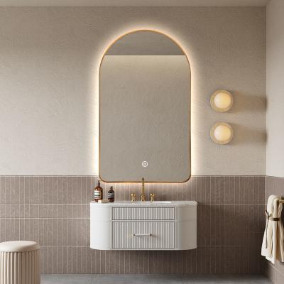 China Gold Aluminum Frame Arched LED Backlit Bathroom Mirror 5mm Anti Fog Touch Sensitive for sale
