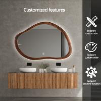 China Walnut Wood Frame Irregular Bathroom Mirror 5mm With Edge Lighting Dimming for sale